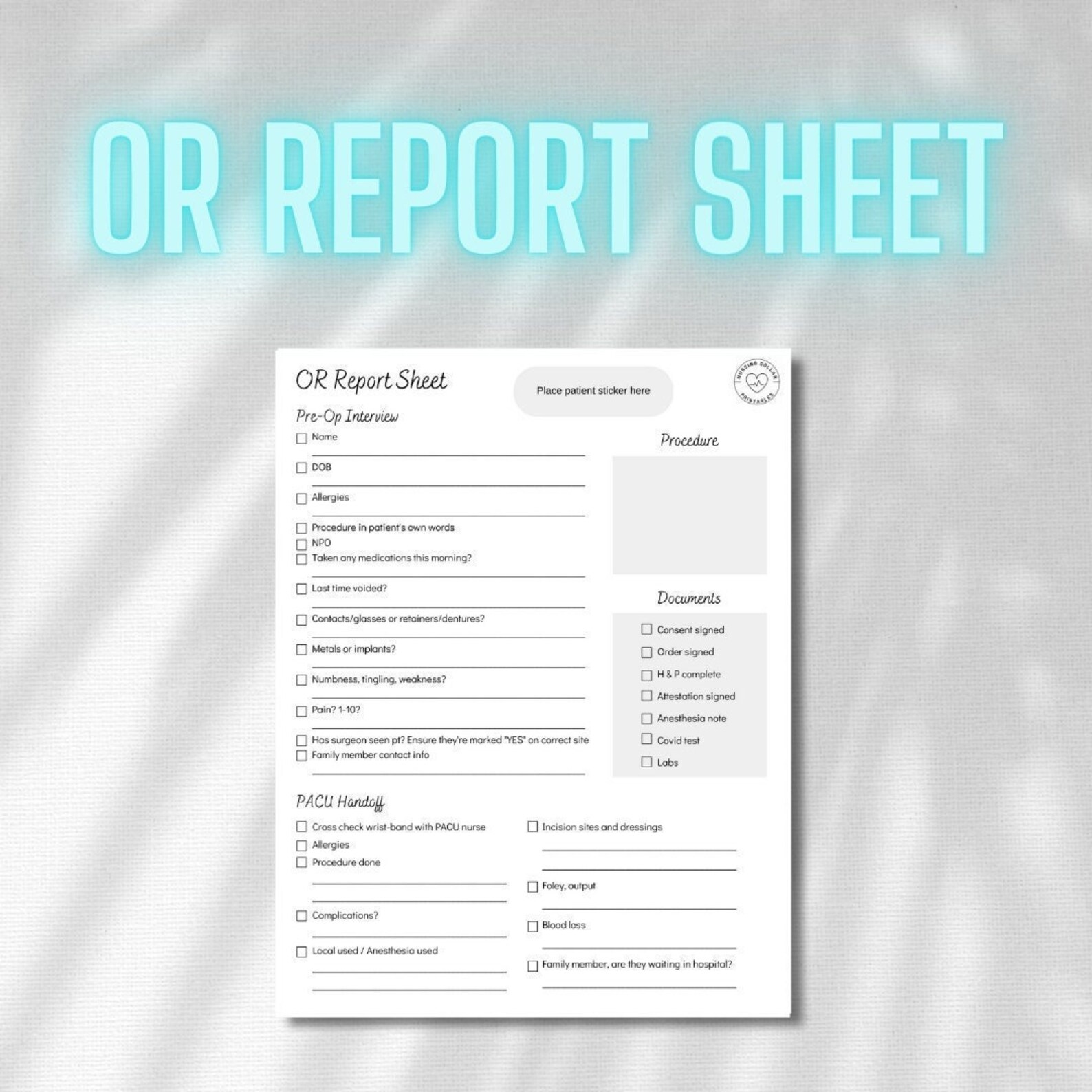 OR Report Sheet Nursing Dollar Printables for an Operating Room Nurse ...