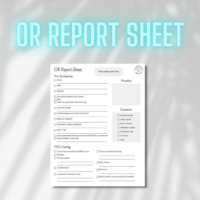 OR Report Sheet Nursing Dollar Printables for an Operating Room Nurse ...