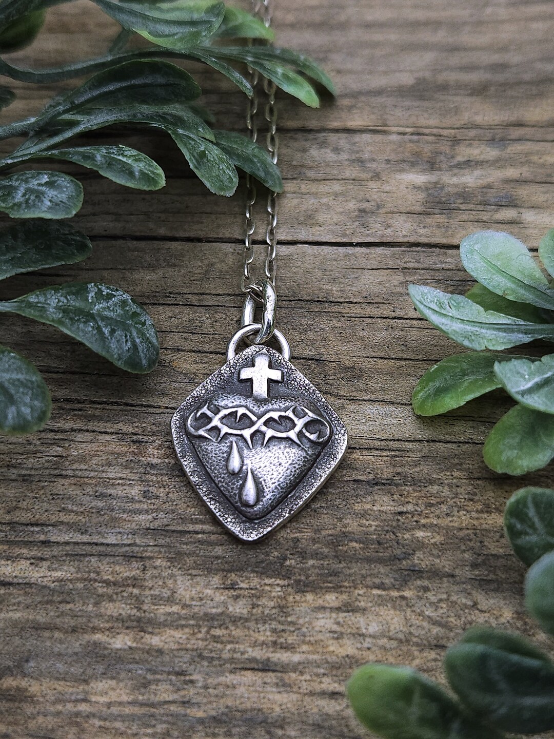 Sterling Silver Sacred Heart Necklace, Bleeding Heart of Jesus Pendant ...