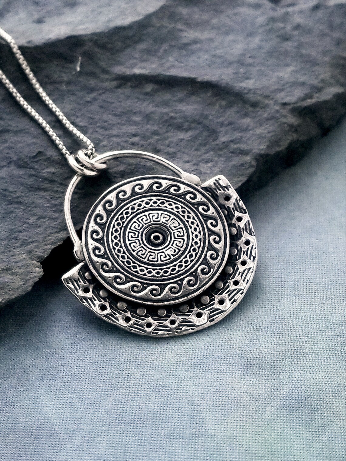 Sterling Silver Greek Key Medallion Pendant, Round Greek Wave Necklace ...