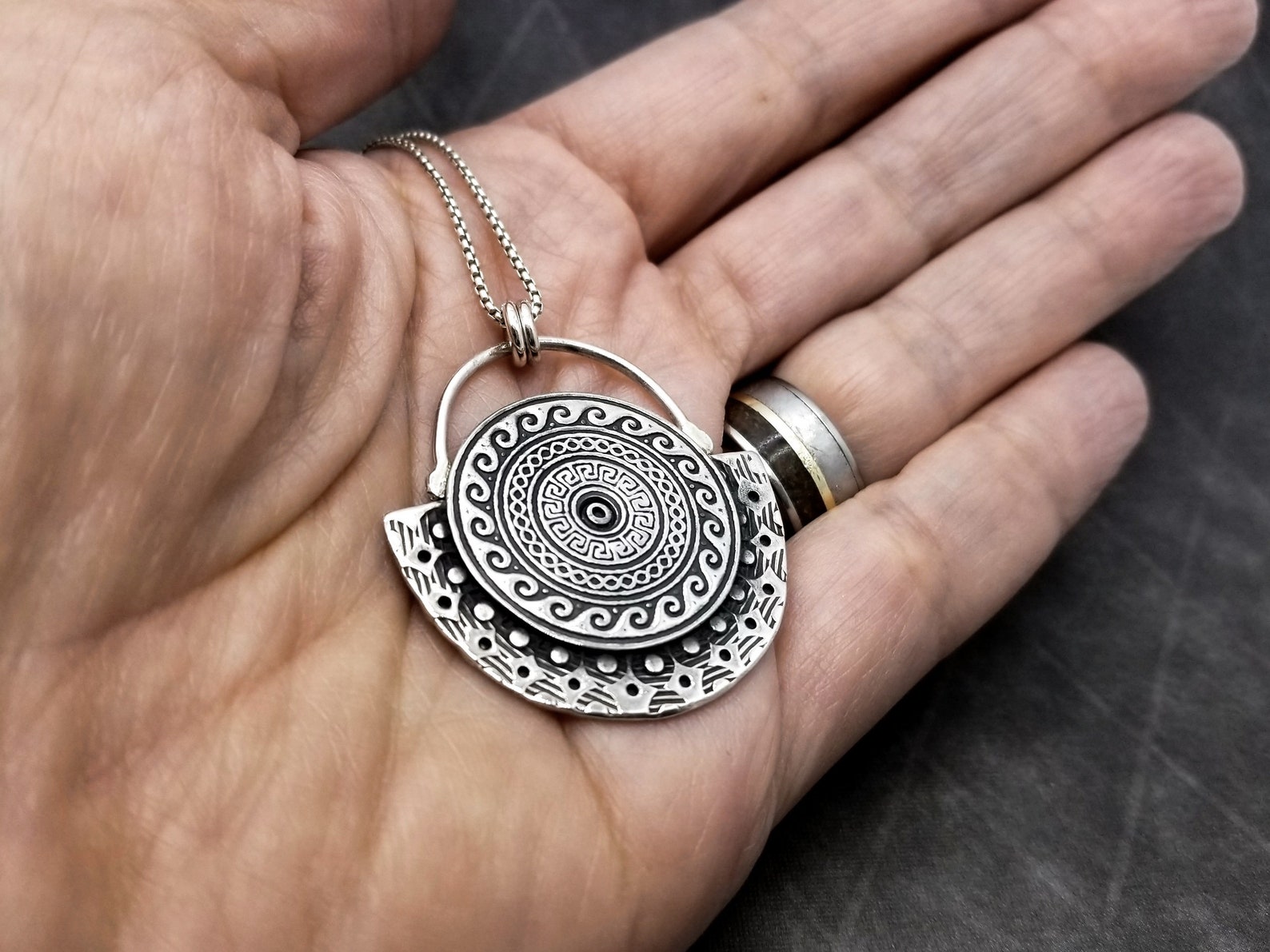 Sterling Silver Greek Key Medallion Pendant Round Greek Wave - Etsy