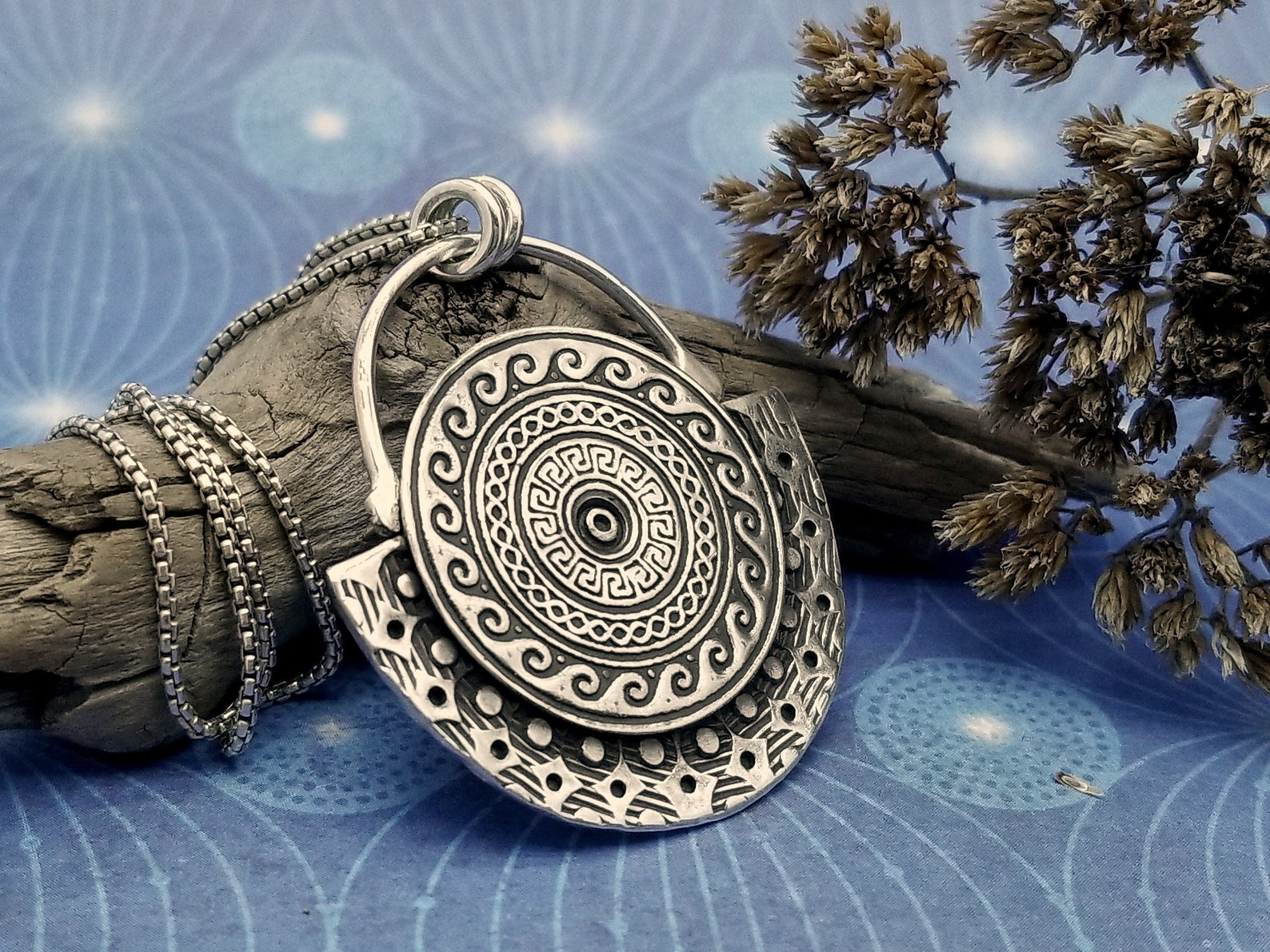 Sterling Silver Greek Key Medallion Pendant, Round Greek Wave Necklace ...