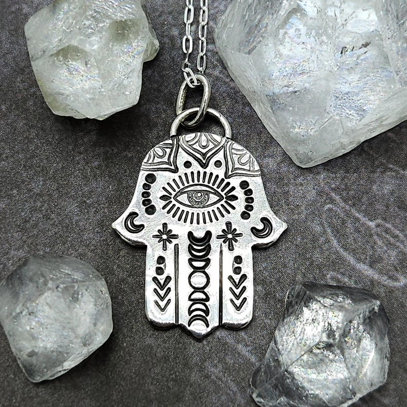 Handmade Sterling Silver Hamsa Hand Necklace, Ornate Hand of Fatima ...