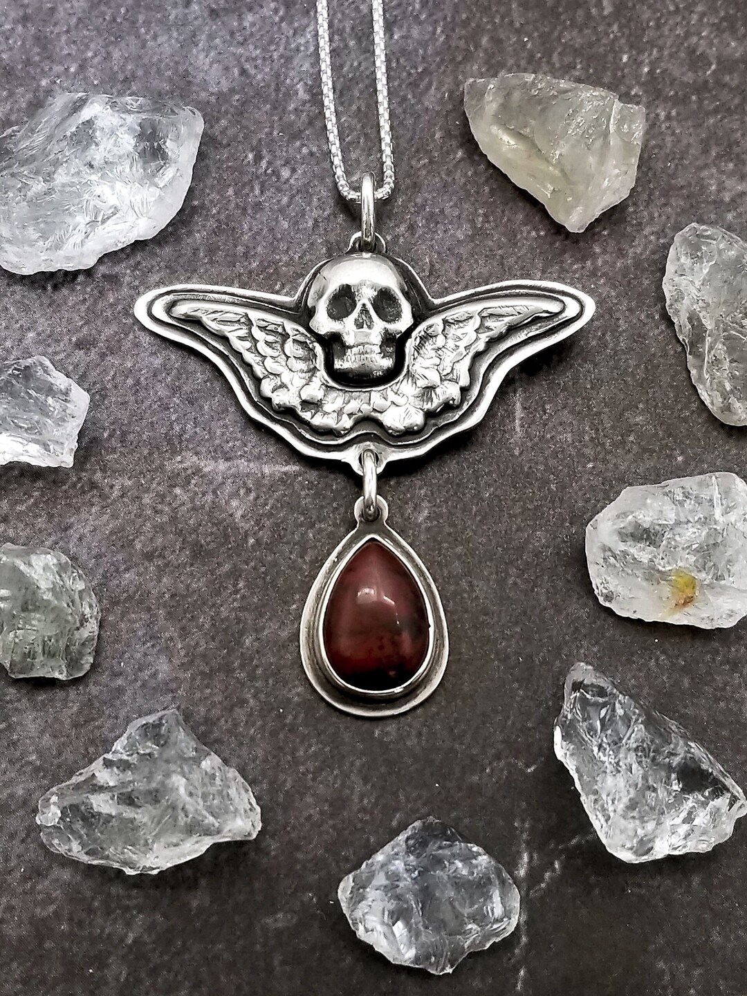 Skull With Wings Necklace With Red Gemstone, Memento Mori Winged Skull ...