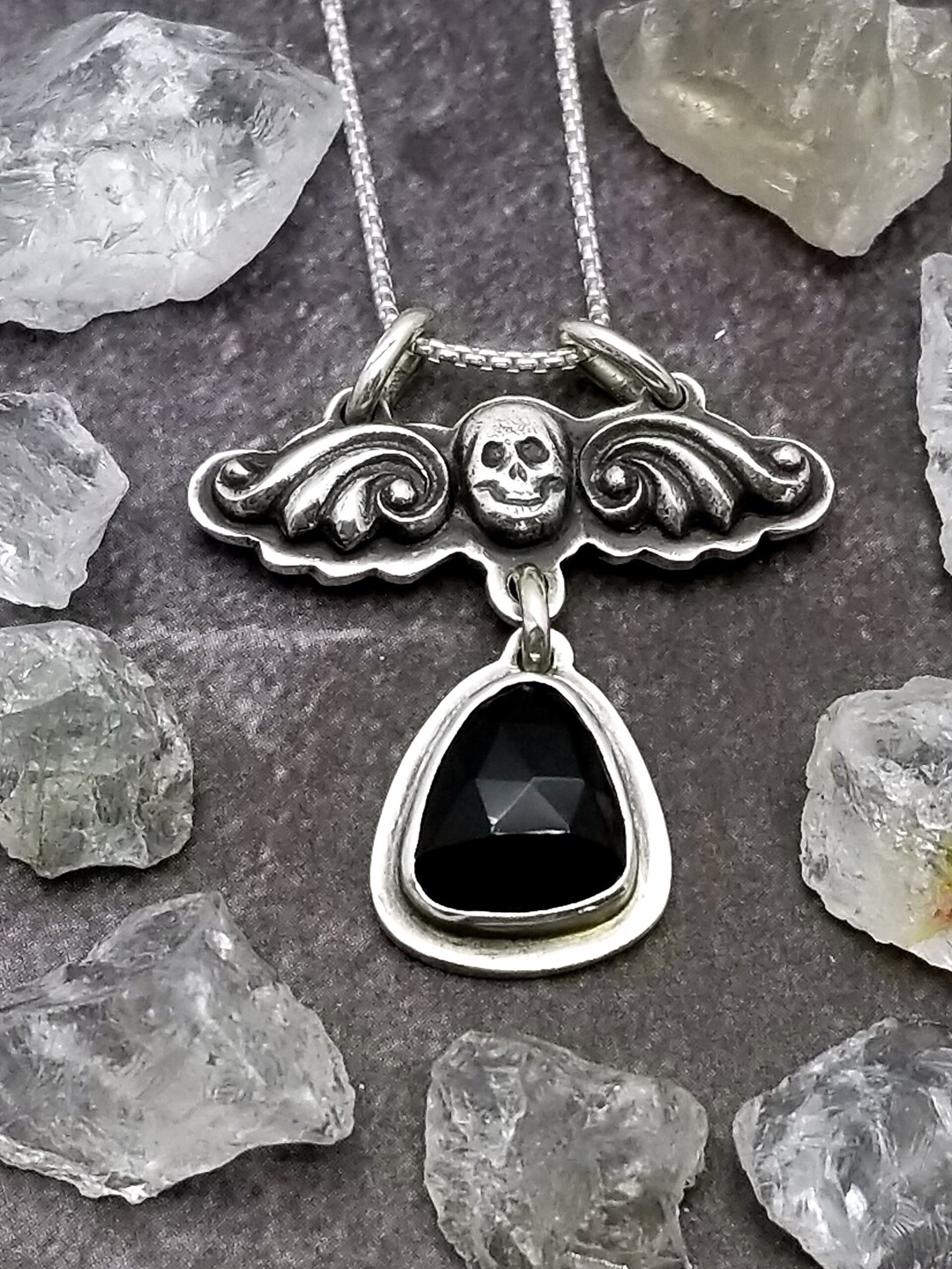 Winged Deaths Head Skull Necklace With Faceted Black Onyx, Memento Mori ...