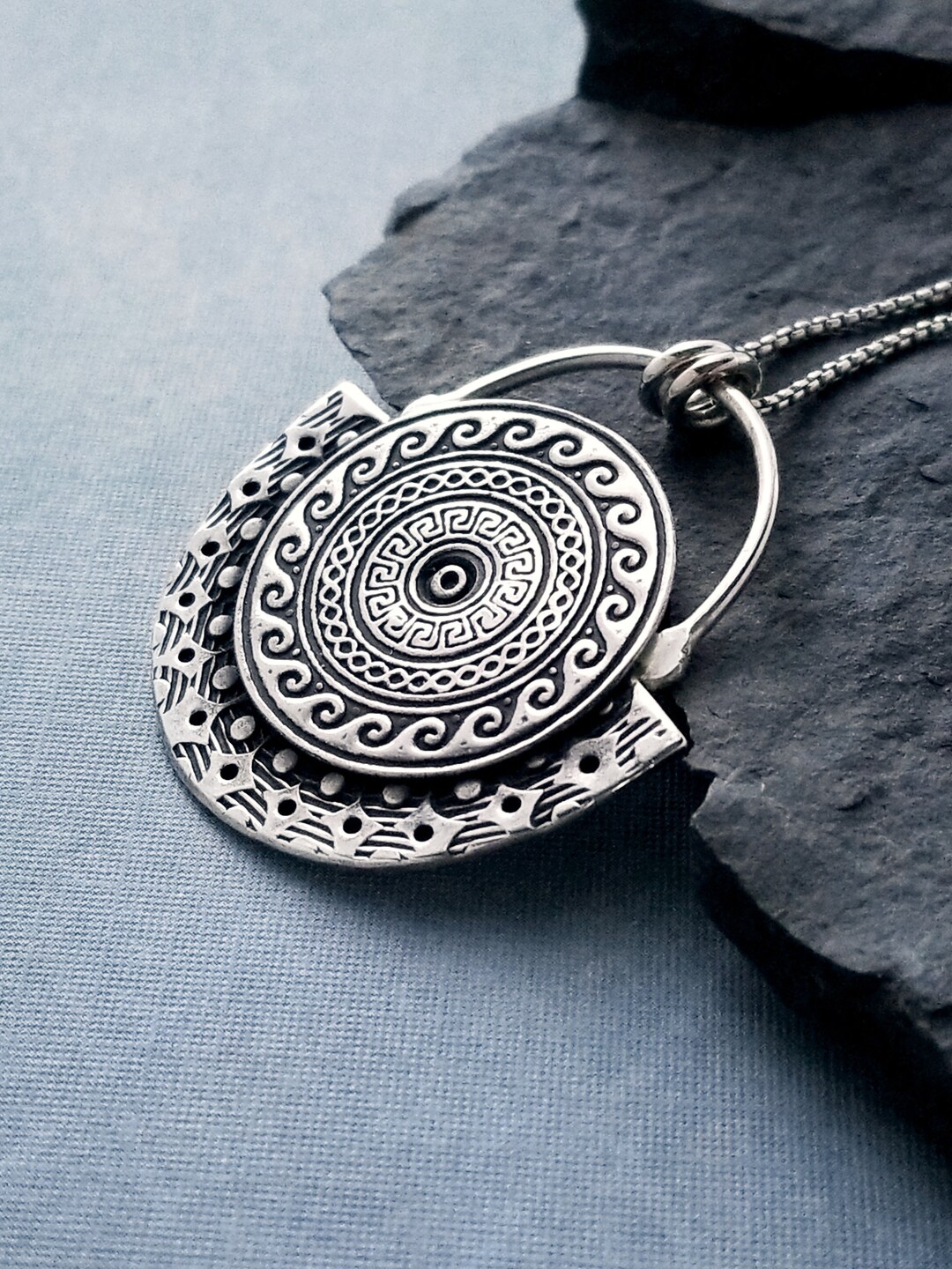 Sterling Silver Greek Key Medallion Pendant, Round Greek Wave Necklace ...