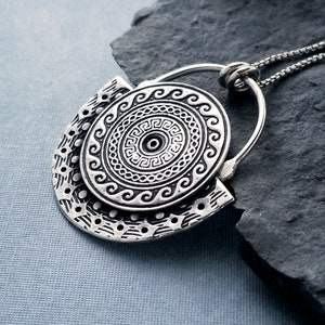 Sterling Silver Greek Key Medallion Pendant, Round Greek Wave Necklace ...