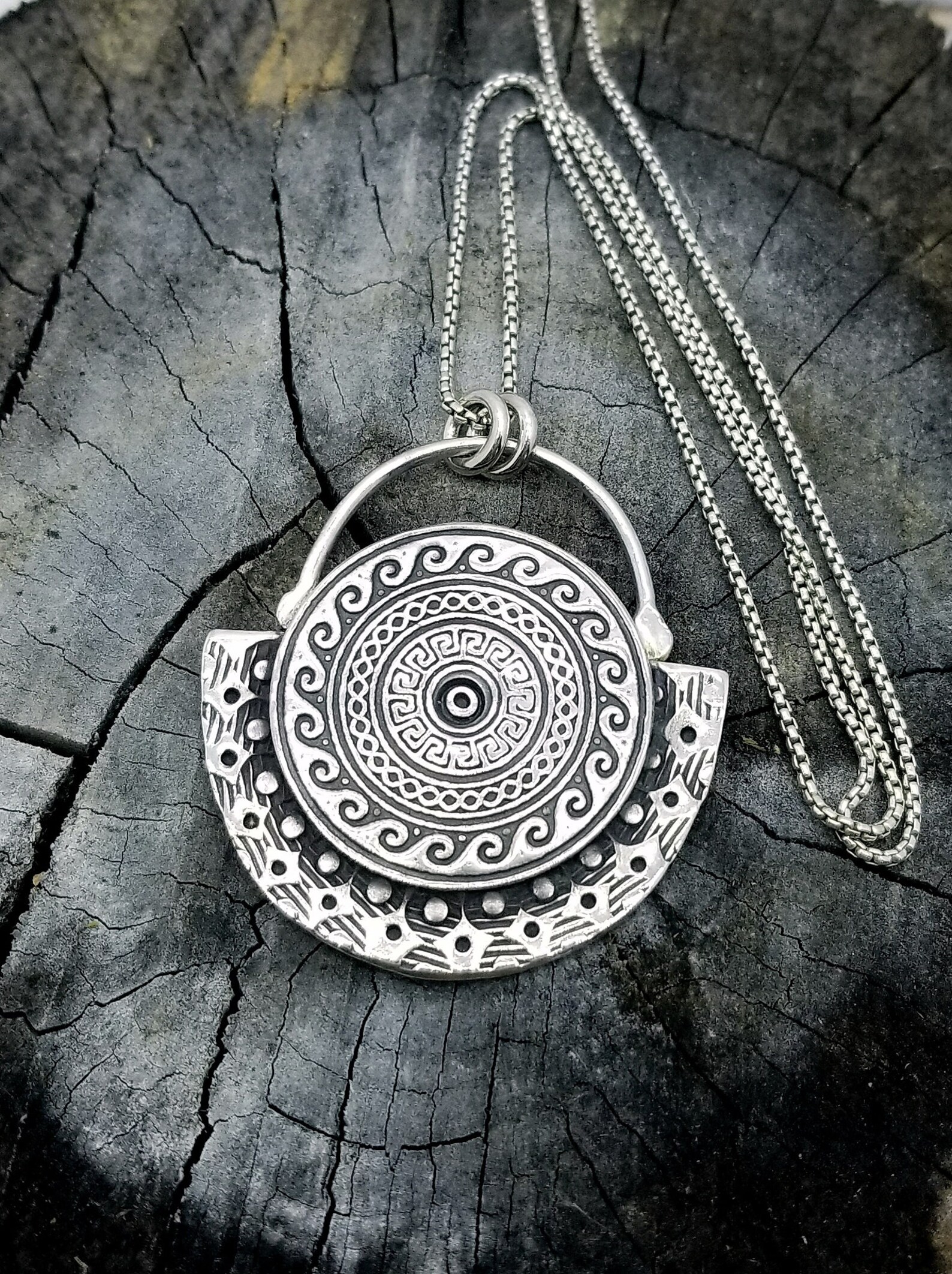 Sterling Silver Greek Key Medallion Pendant Round Greek Wave - Etsy