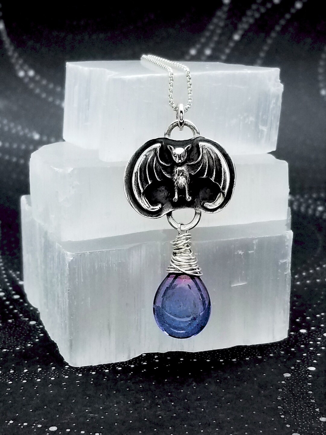 Handmade Silver Bat Pendant With Purple Glass Bead, Vampire Bat ...