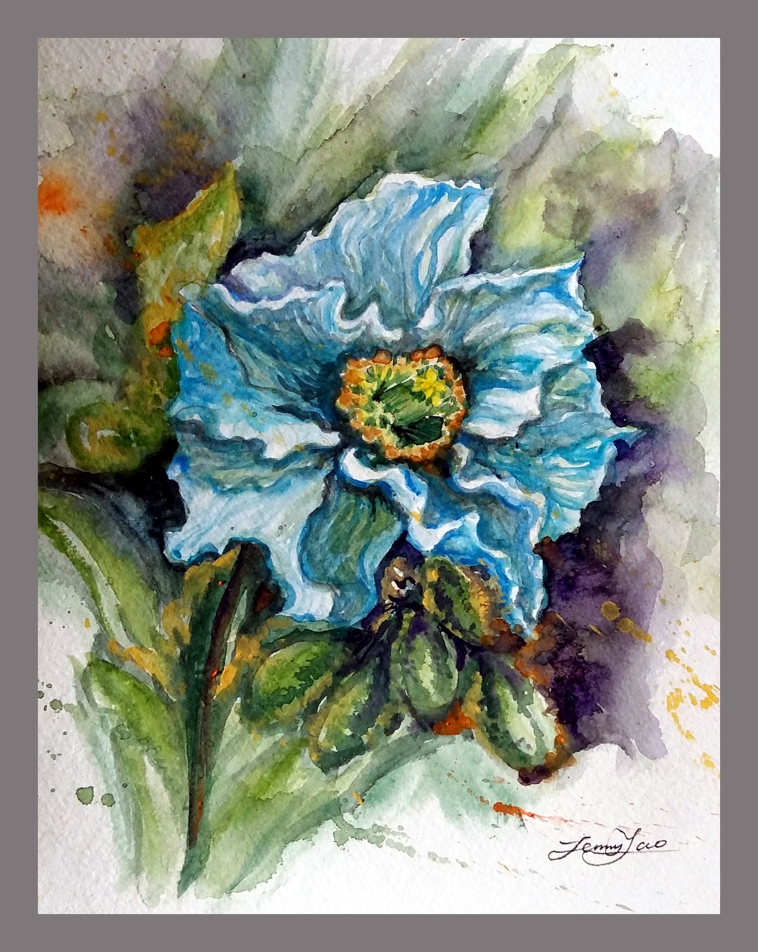 Original Watercolor Painting Print, Blue Poppy, 10"x8",2018-12-17/2-5 ...