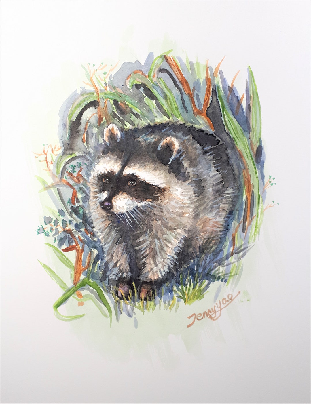 Original Watercolor Painting, Raccoon in Bush , 8x10", 210416 - Etsy