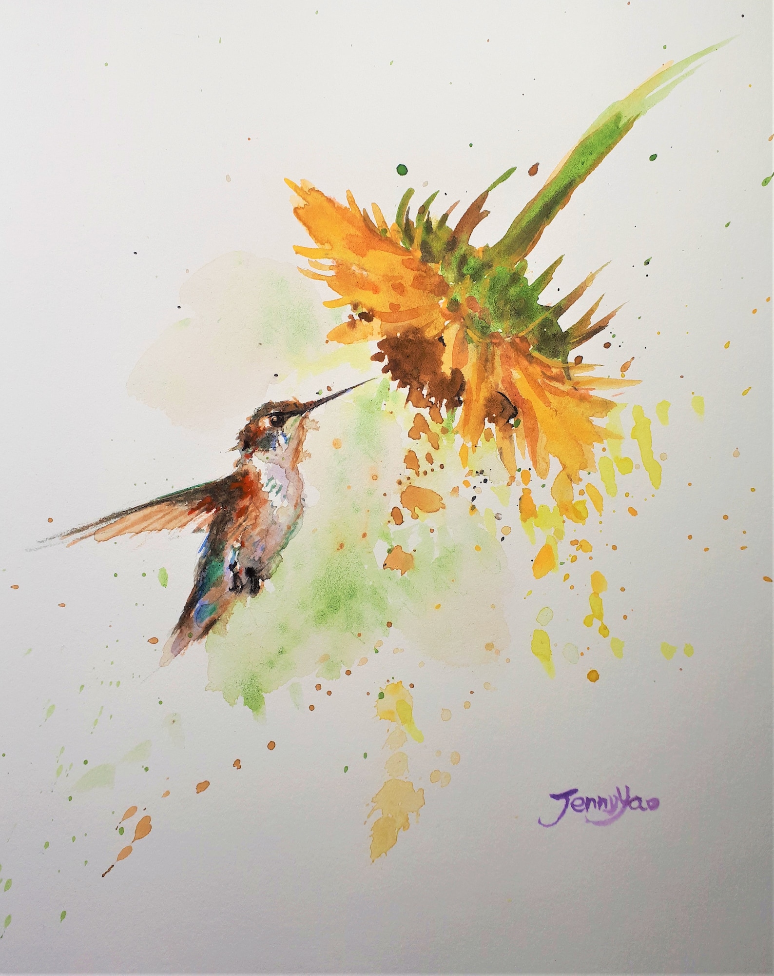 Printing of Original Watercolor Painting, Hummingbird With Sun Flower ...