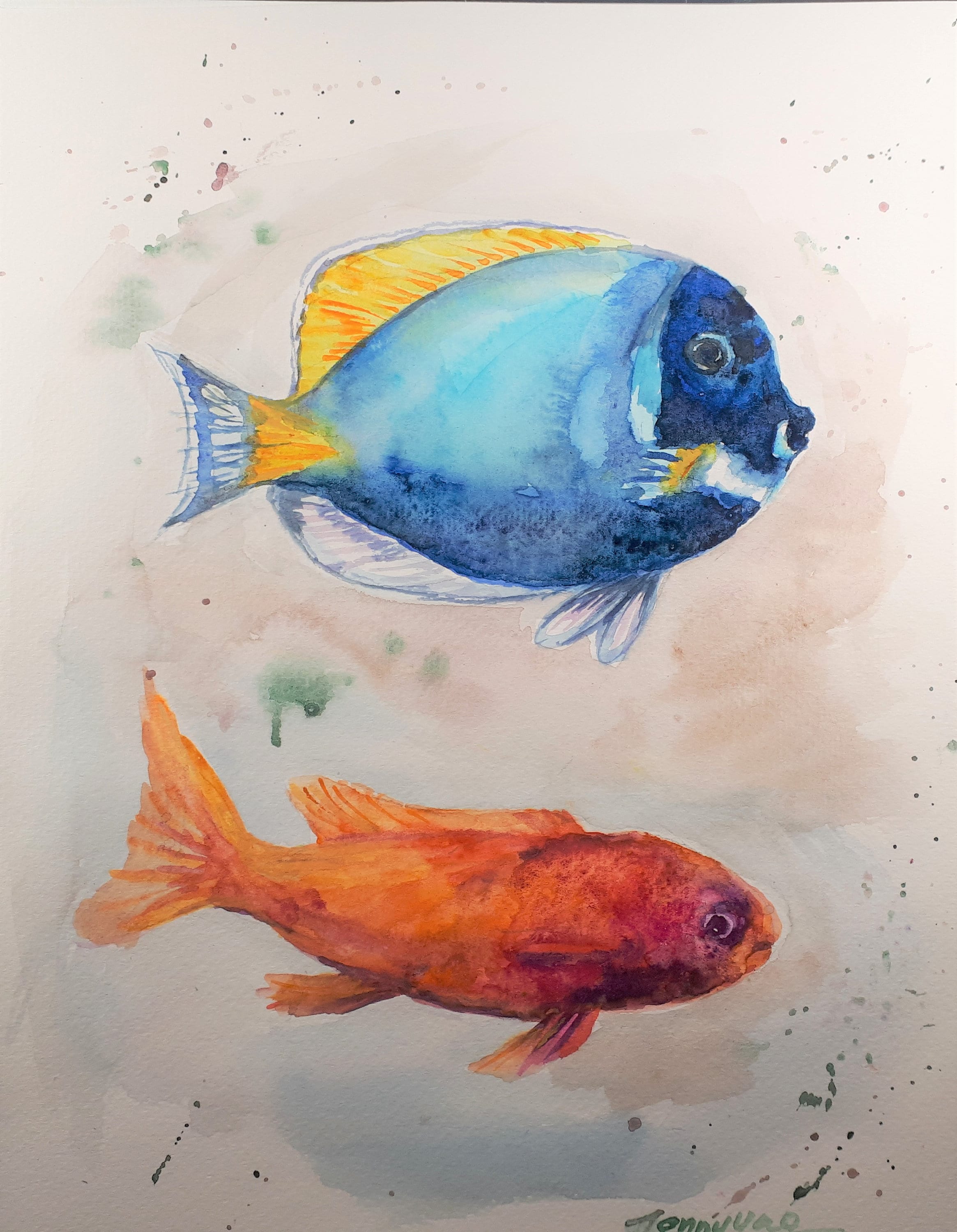Original Watercolor Painting Red and Blue Fish 9x12 | Etsy