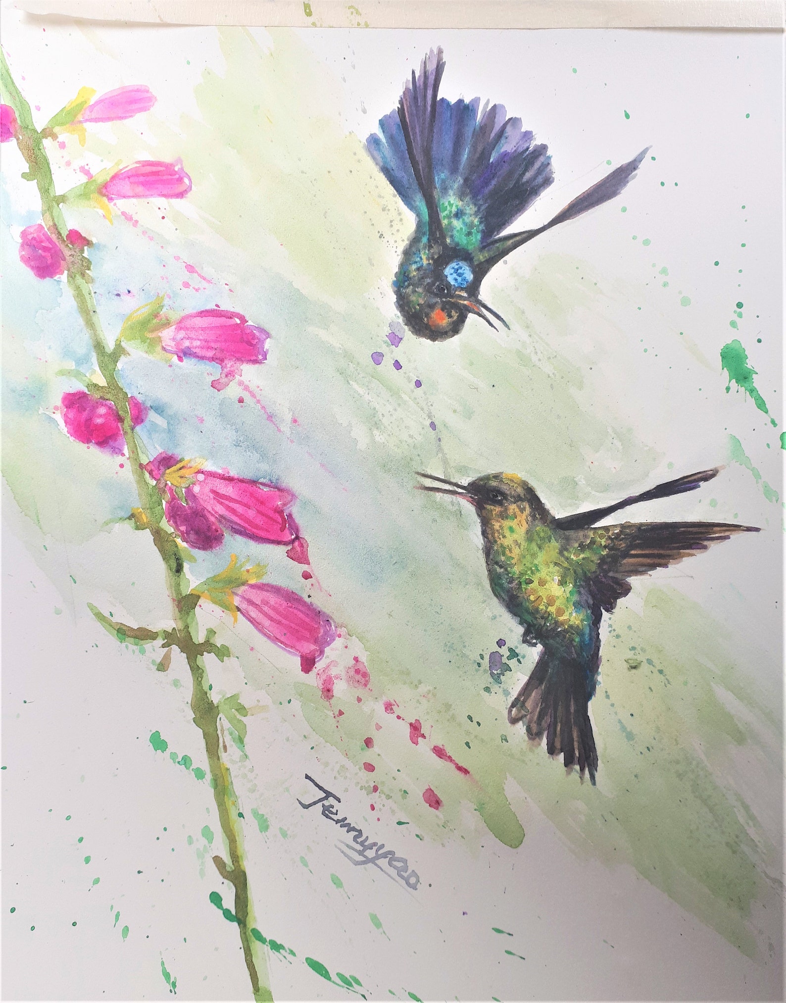 Original Watercolor Painting, Two Humming Bird and Pink Flower, 10x8 ...