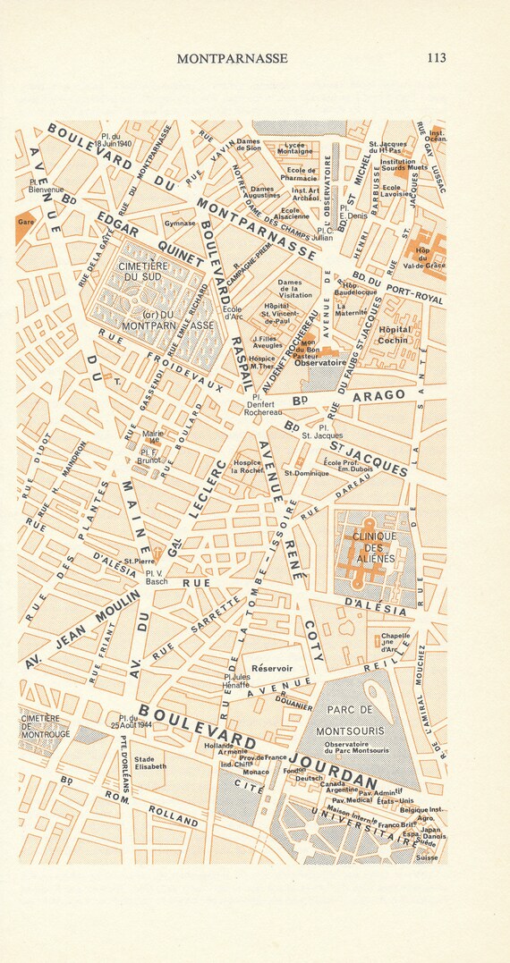 1968 Paris France Montparnasse Vintage Map | Etsy