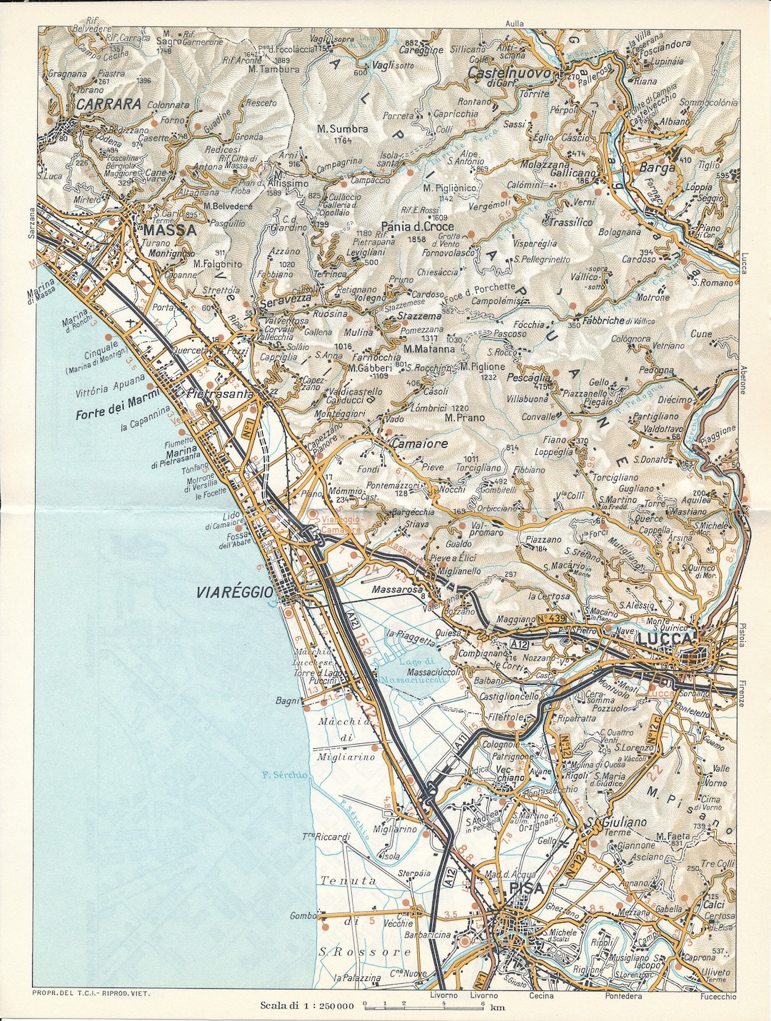 1974 Carrara, Viareggio, Lucca, Pisa Area Vintage Map - Etsy