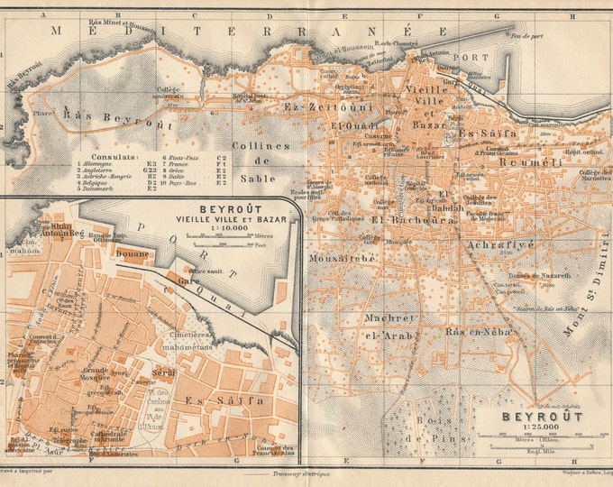 1911 Antique Map of Beirut Lebanon - Etsy