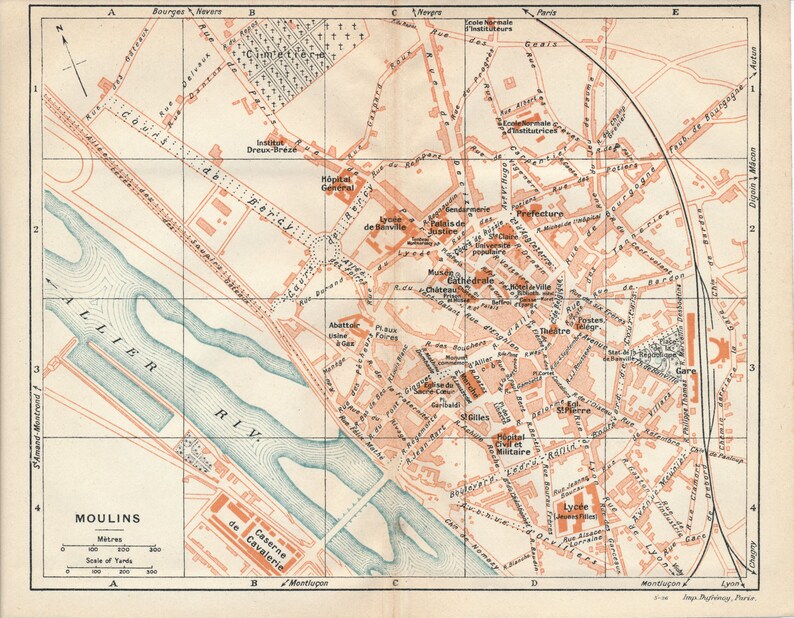 1922 Moulins France Antique Map | Etsy