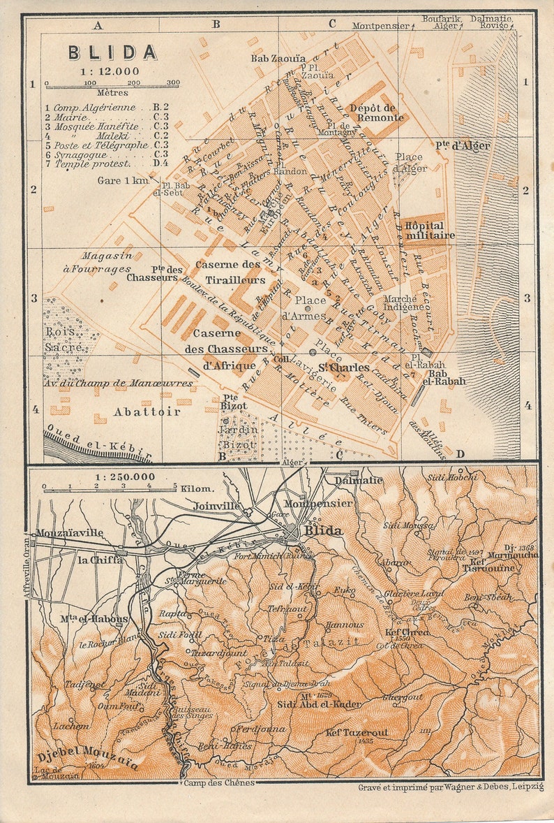 1911 Blida Algeria Antique Map - Etsy