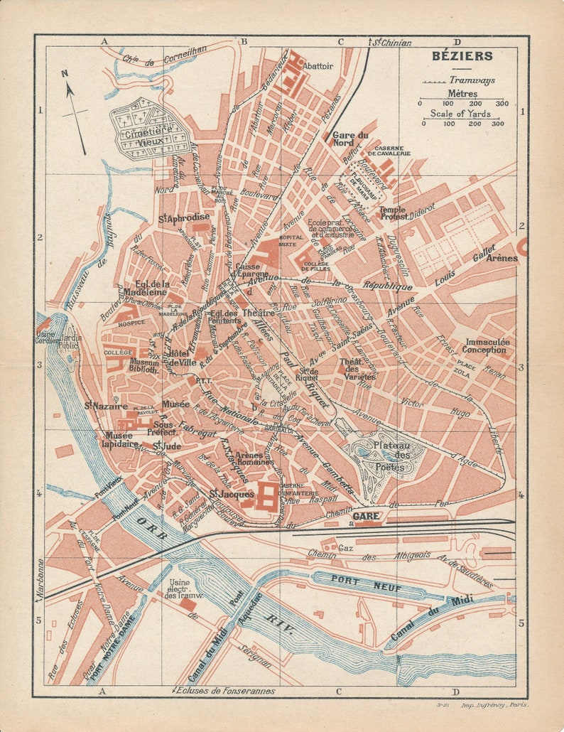 1921 Beziers France Antique Map - Etsy