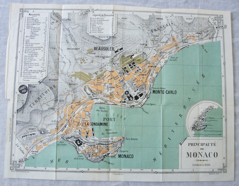 1907 Monaco & Monte Carlo Antique Map | Etsy