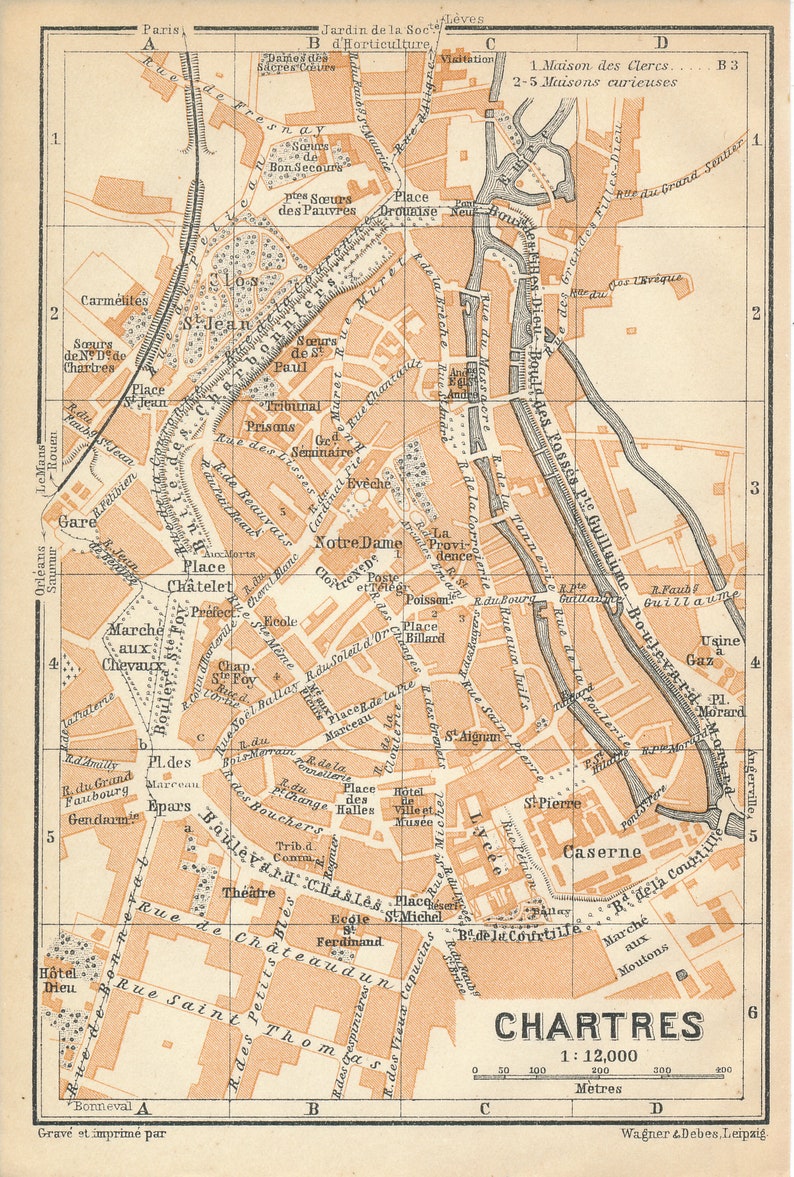 1909 Chartres France Antique Map - Etsy