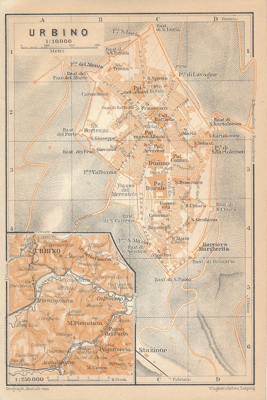 1909 Urbino Italy Antique Map - Etsy