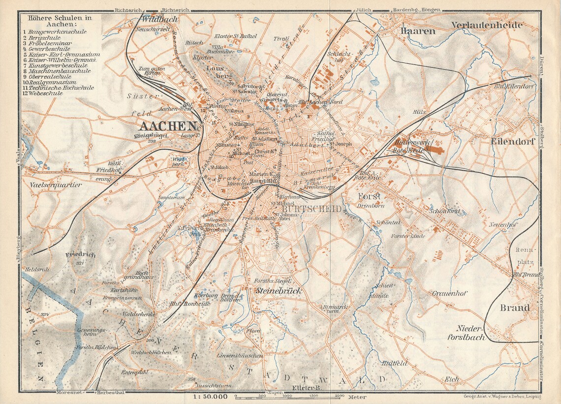 1926 Aachen Germany Antique Map | Etsy