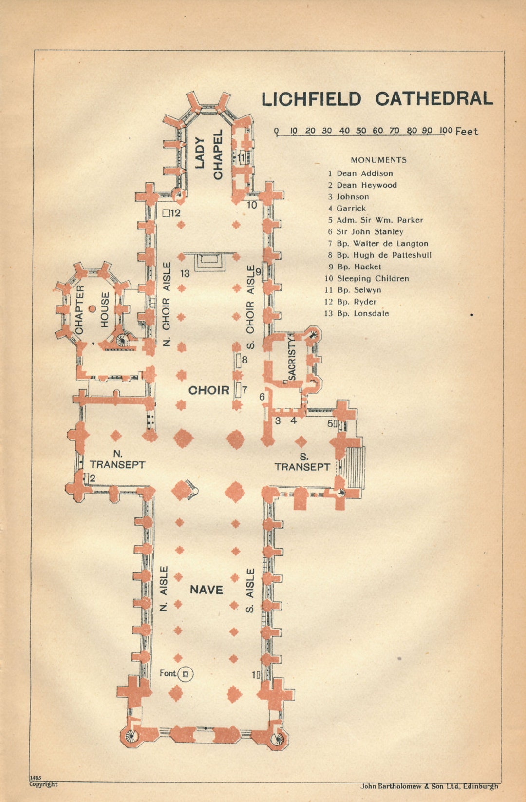 1930 Lichfield Cathedral United Kingdom Antique Map - Etsy