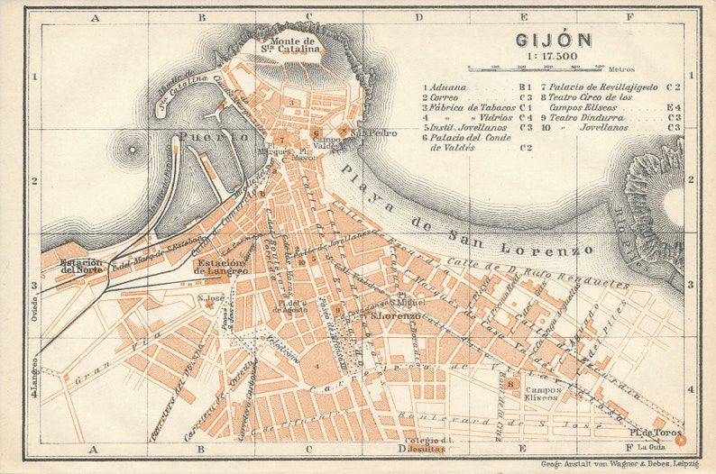 1913 Gijon Spain Antique Map - Etsy