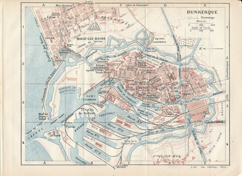 1922 Dunkerque Francia Mapa Antiguo | Etsy