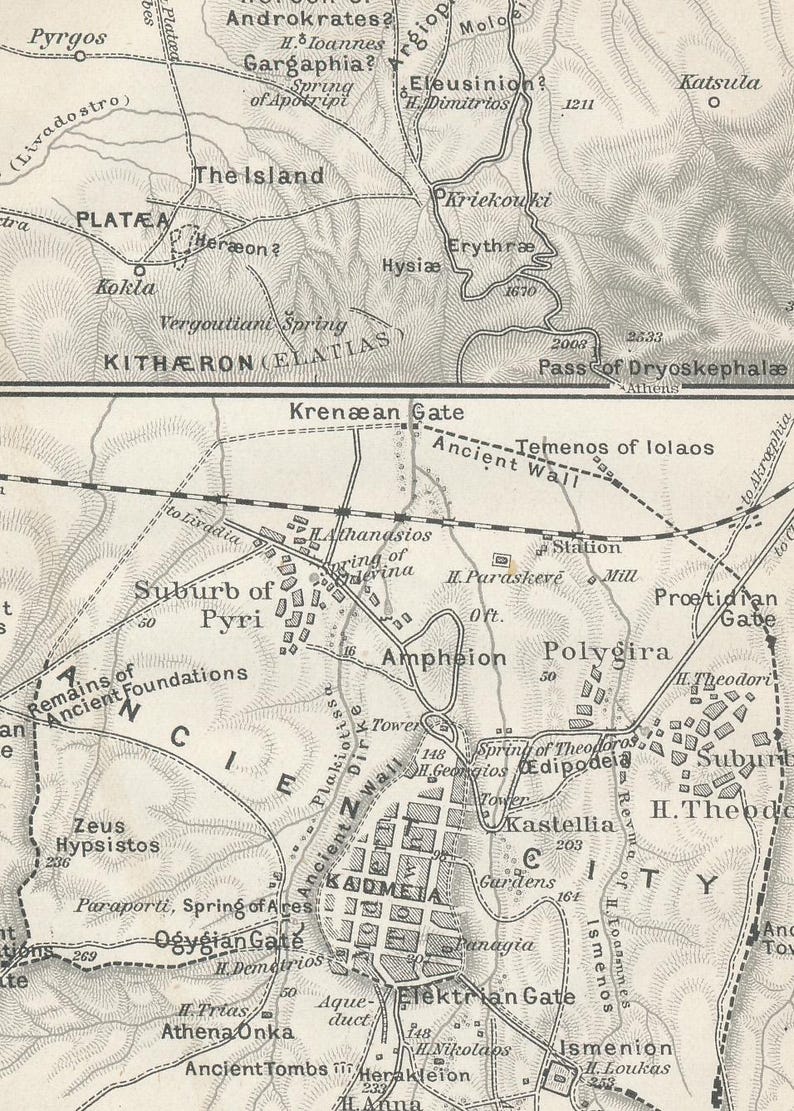 1909 Thebes and Plataea Greece Antique Map - Etsy