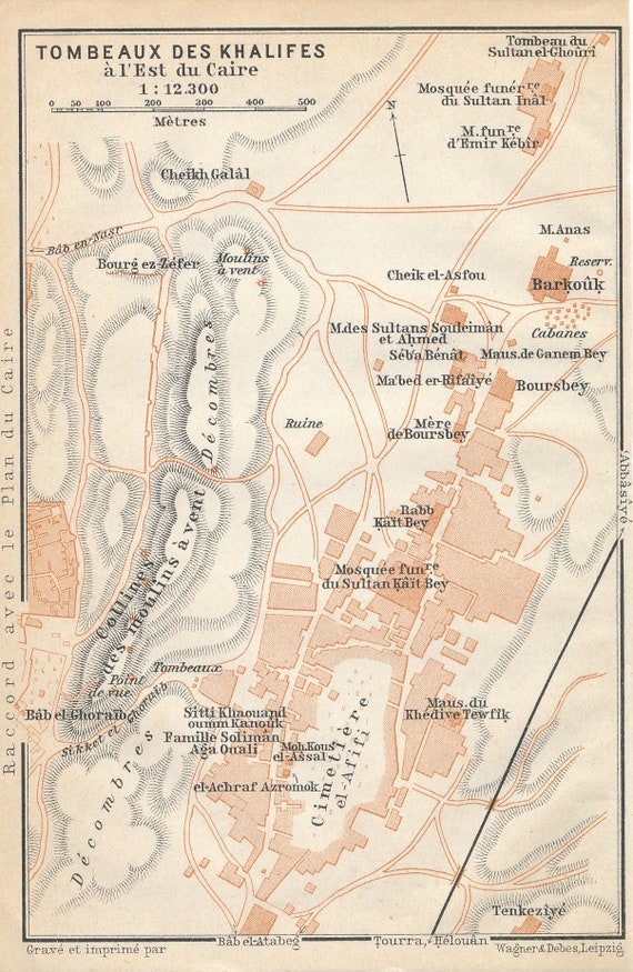 Prints Lithographs 1908 Tombs of the Caliphs Egypt Antique Map etna.com.pe