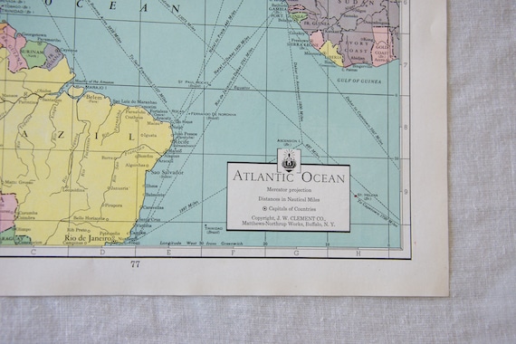 1938 Atlantic Ocean Antique Map | Etsy