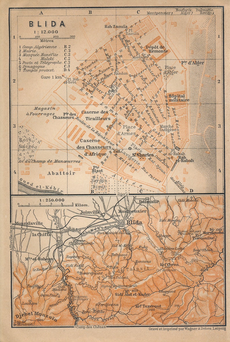 1911 Blida Algeria Antique Map | Etsy