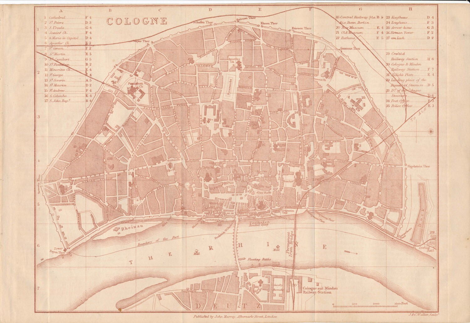 1863 Cologne Germany Antique Map - Etsy
