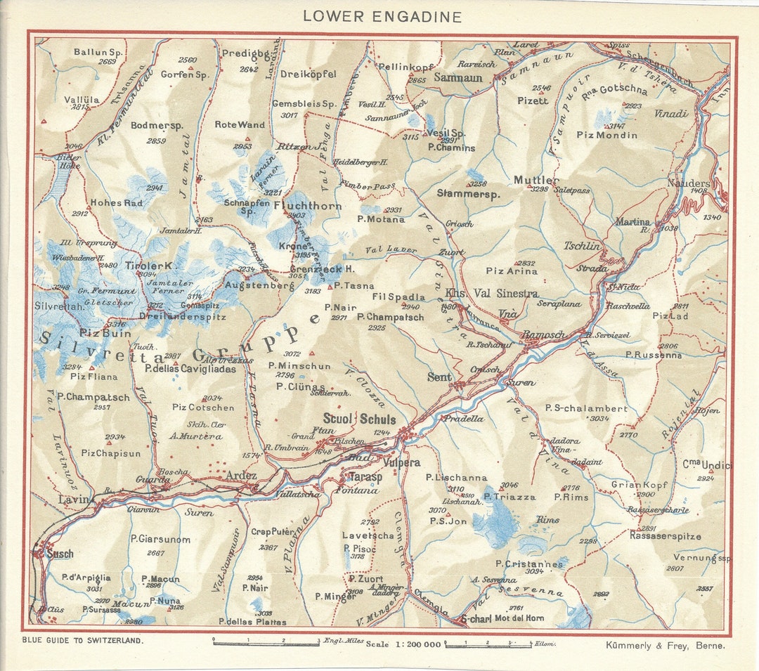 1948 Engadin Switzerland Antique Map - Etsy