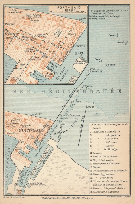 1908 Port Said Egypt Antique Map | Etsy