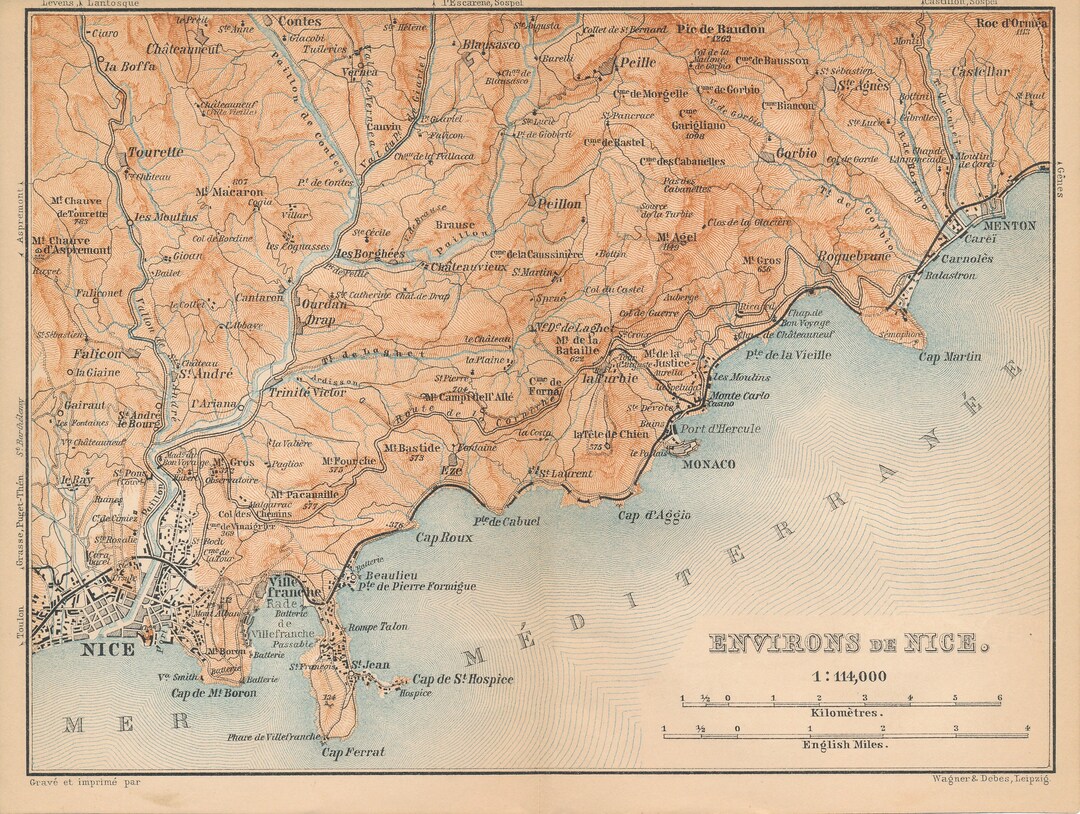 1895 Nice France & French Riviera Antique Map - Etsy