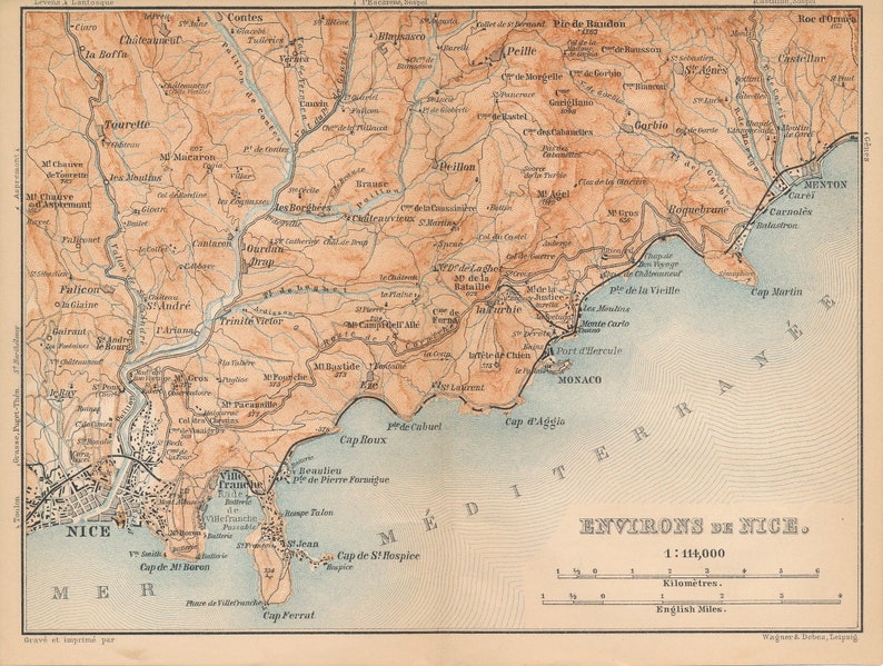 1895 Nice France & French Riviera Antique Map - Etsy