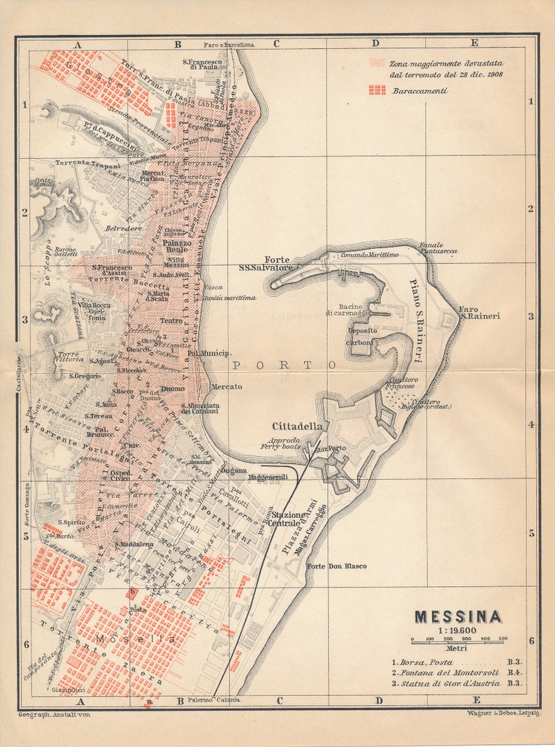1912 Messina Italy Antique Map | Etsy