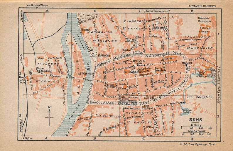 1922 Sens France Antique Map | Etsy