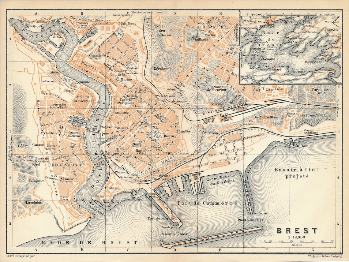 1909 Brest France Antique Map - Etsy
