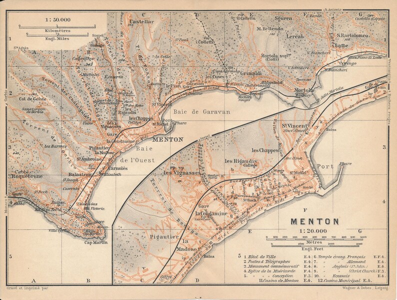 1914 Menton France Antique Map - Etsy