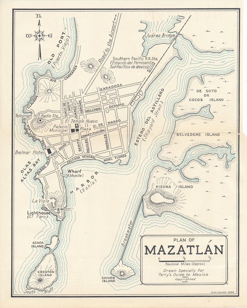 1935 Mapa antiguo de Mazatlán México - Etsy México