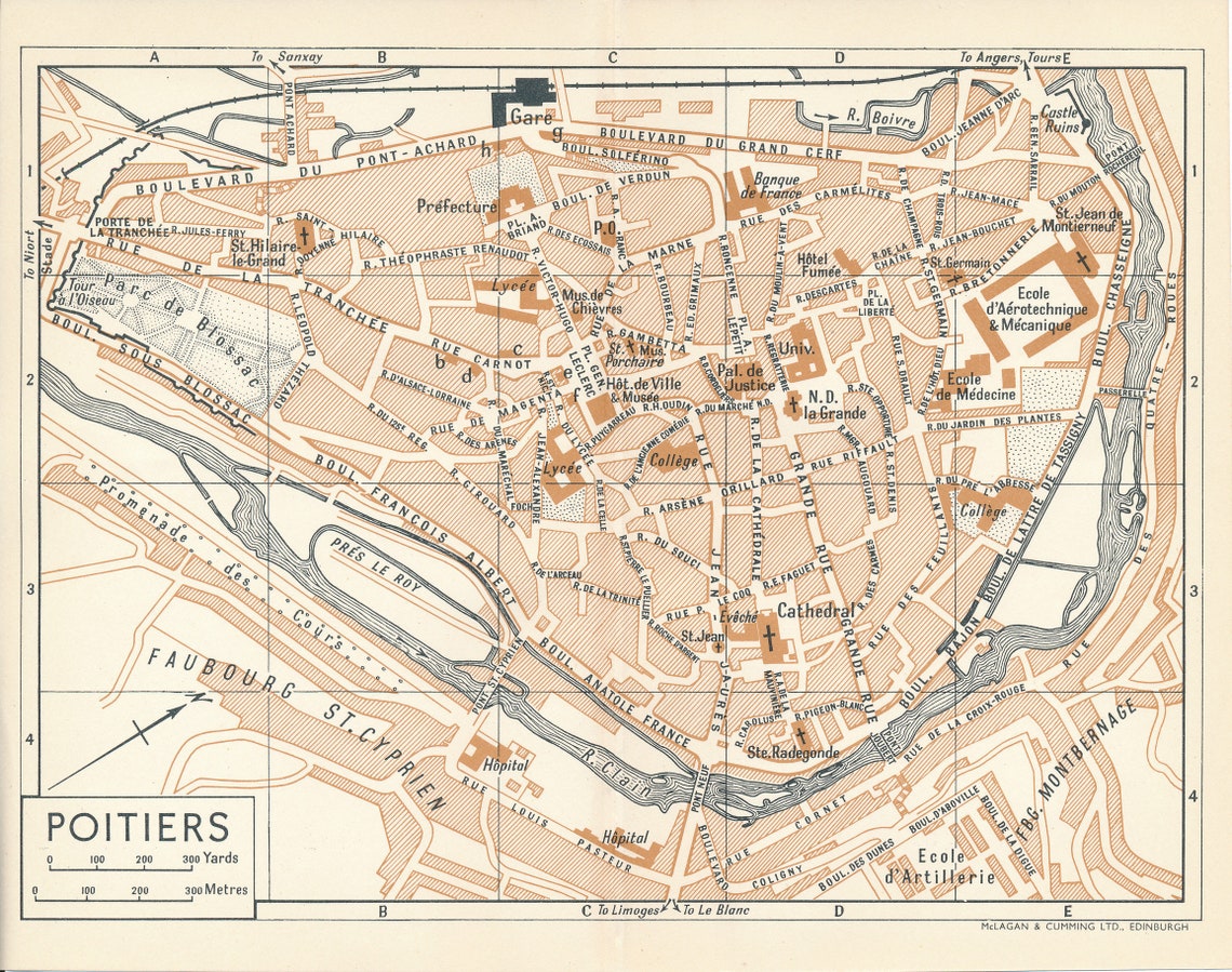 1958 Poitiers France Vintage Map | Etsy