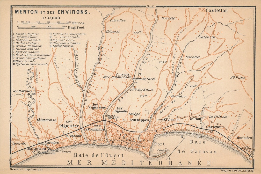 1895 Menton France Antique Map - Etsy