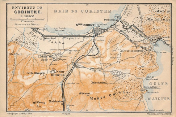 1909 Corinth Greece Antique Map - Etsy