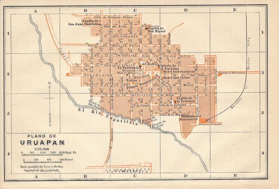 1911 Uruapan Mexico Antique Map - Etsy