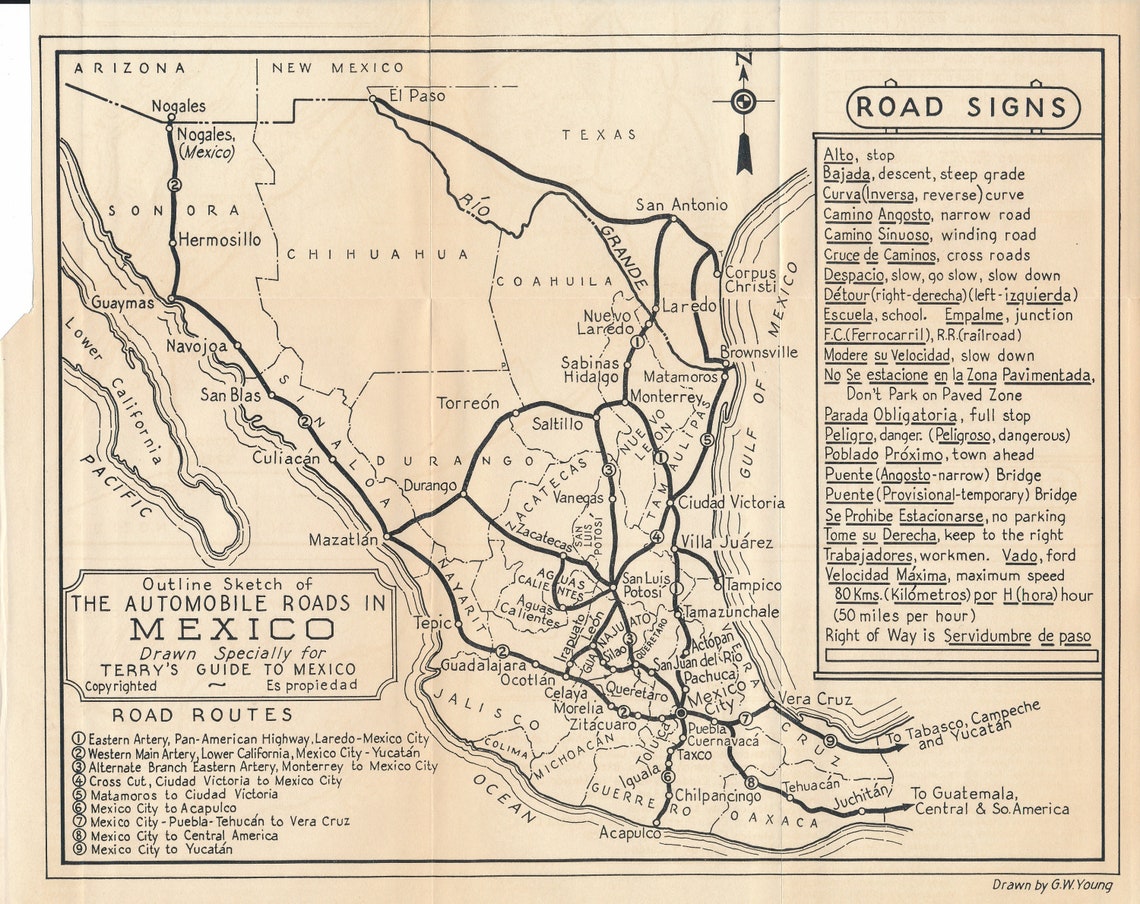 1935 Mexico Antique Road Map | Etsy